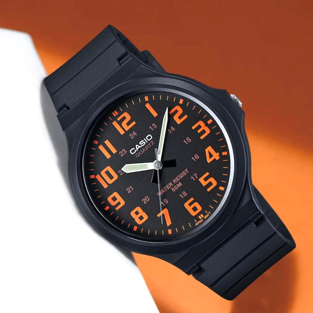 Casio Standard Men's Black Orange Analogue Watch MW-240-4BVDF 44mm | WatchPilot™