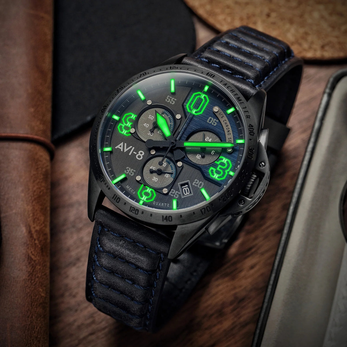 AVI-8 P-51 Mustang Blakeslee Blue Chronograph Leather Men's Watch