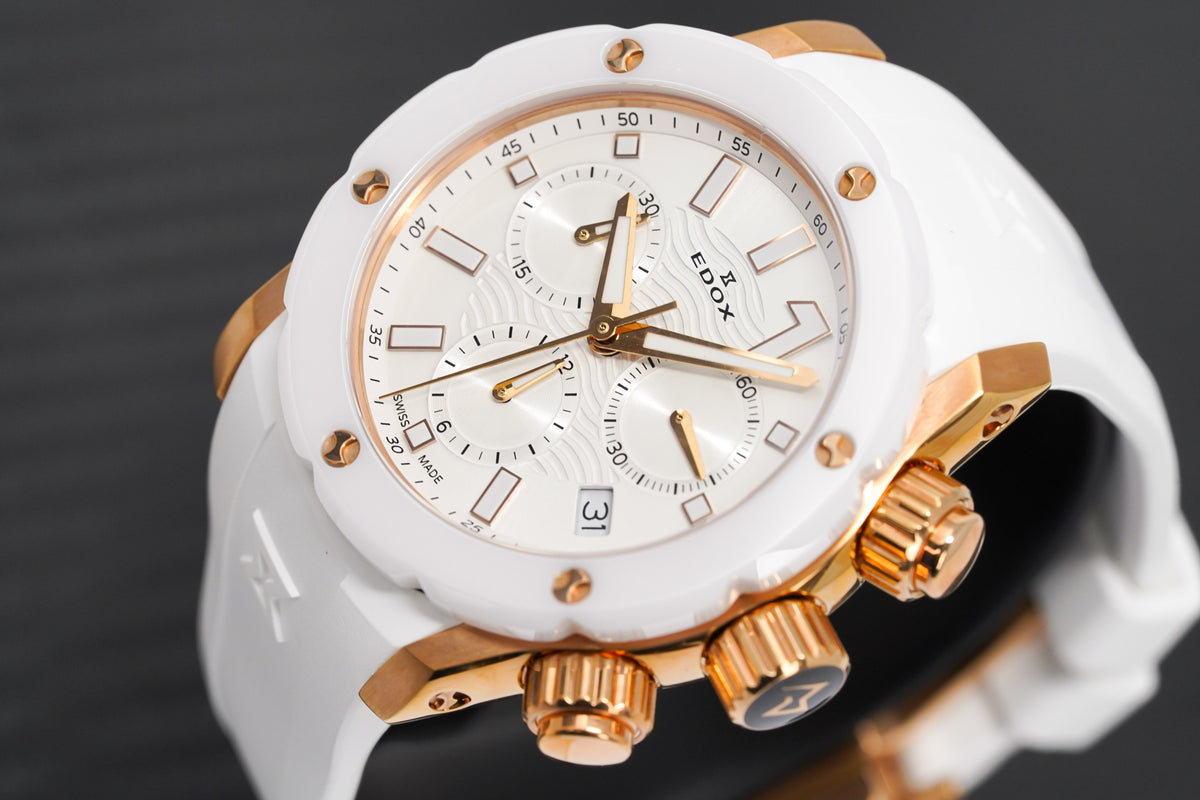 Edox Ladies Chronograph Watch Chronoffshore-1 White and Rose Gold 38mm