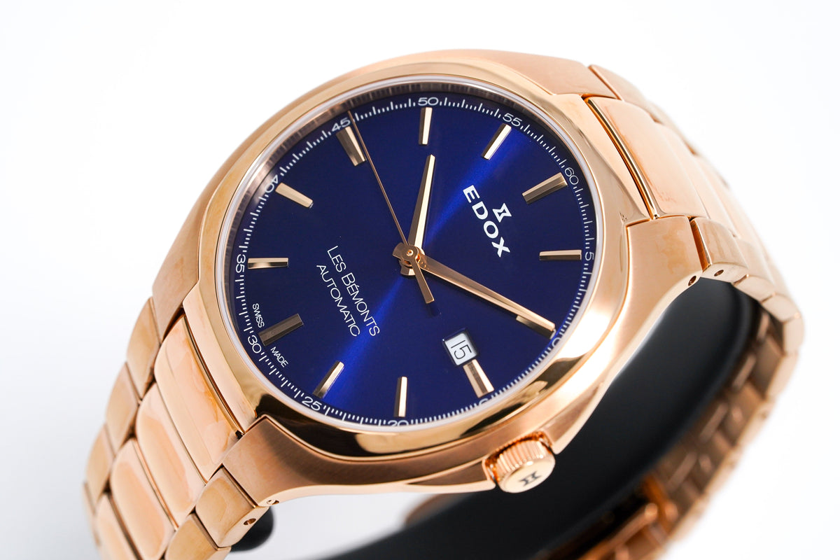 Edox Men's Automatic Watch Les Bèmonts Ultra Slim Blue Rose Gold 42mm
