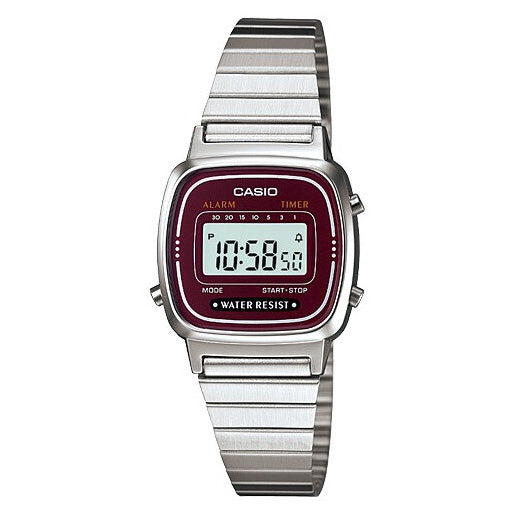 Casio Ladies Watch Digital Vintage Classic Flat Link Burgundy LA670WA-