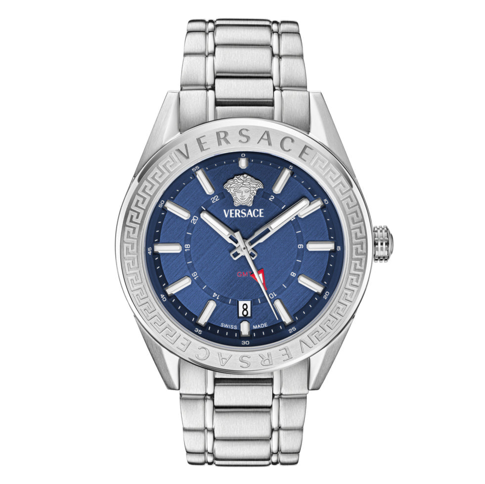 Versace V-Code GMT Blue Silver Men’s Watch | Swiss Dual Time Luxury